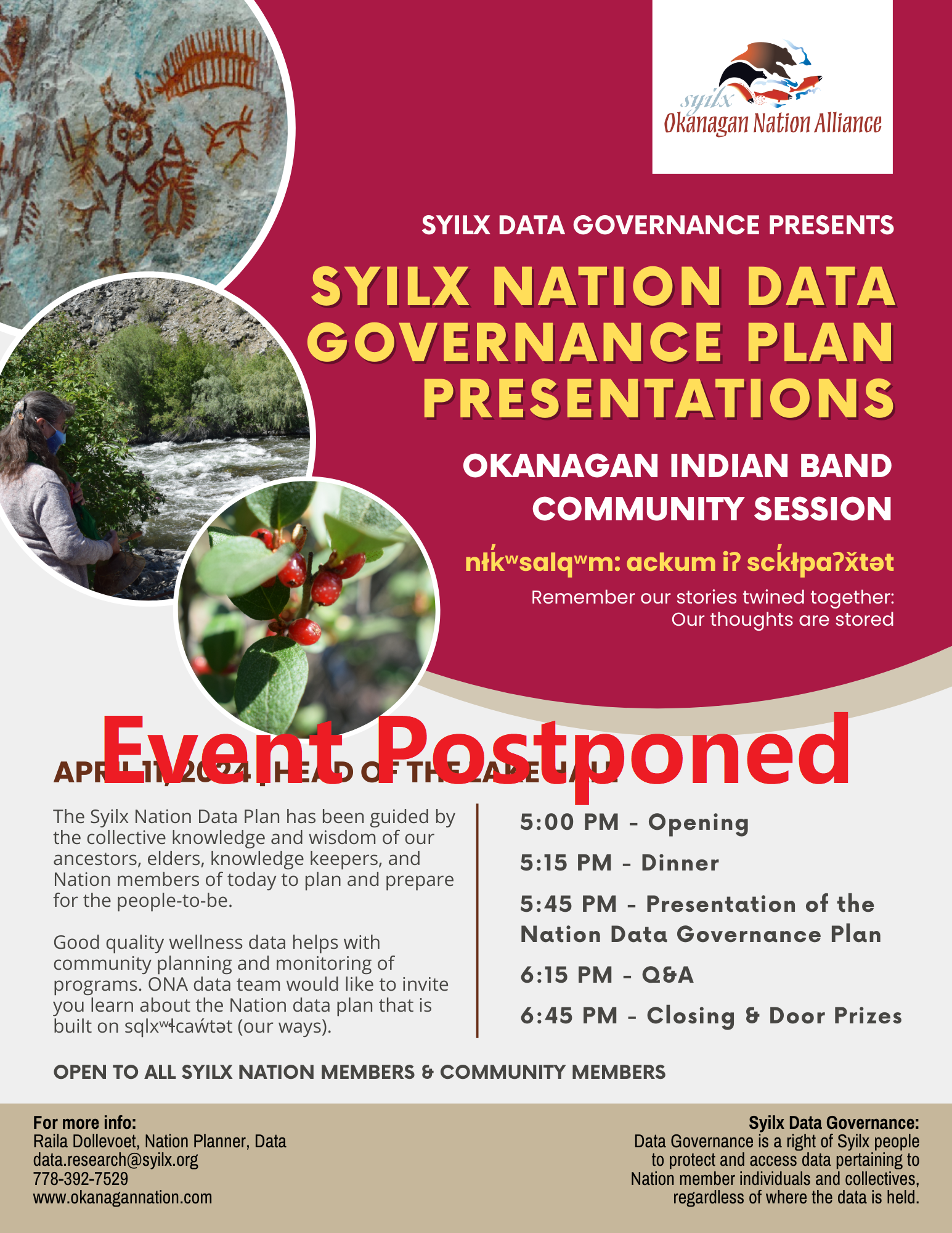 Syilx Data Governance meeting Postponed - Okanagan Indian Band