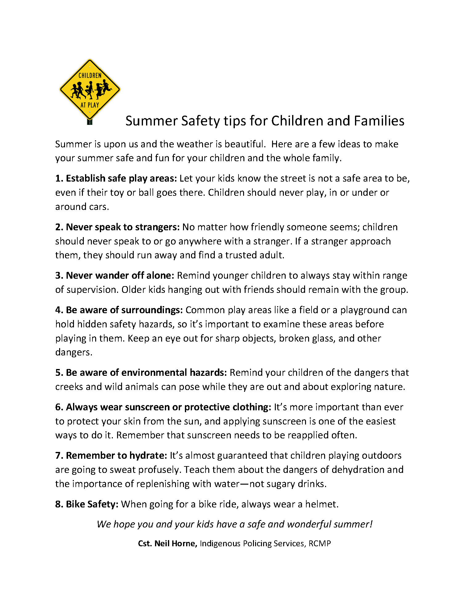 Summer safety tips for families from the RCMP - Okanagan Indian Band