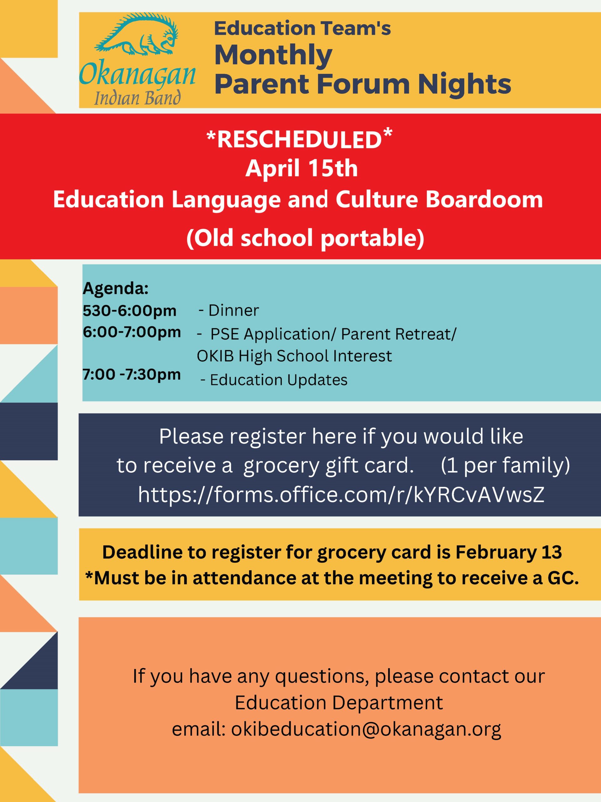 RESCHEDULED: Education Parents Forum Night - Okanagan Indian Band